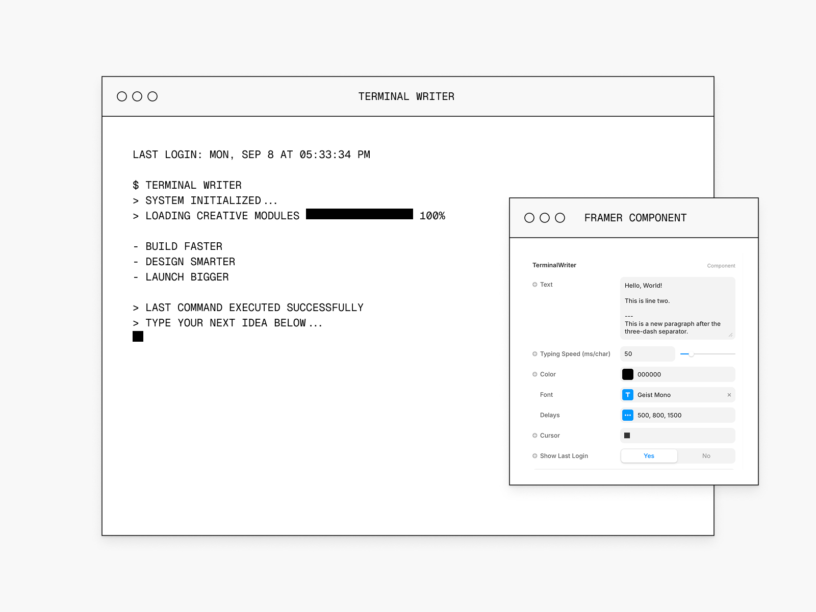 TerminalWriter: Premium UI Component by Obsession — Framer Marketplace